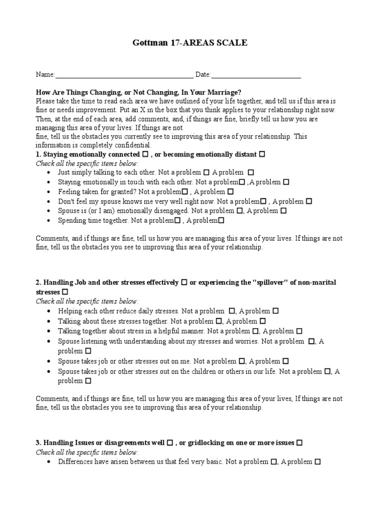 Gottman 17-AREAS SCALE: Check All The Specific Items Below | PDF ...