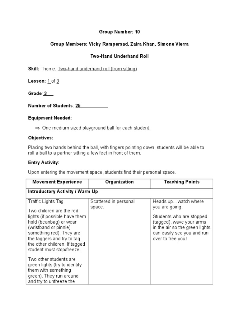 Two-Hand Underhand Roll Lesson Plan | PDF | Ball Games | Sports