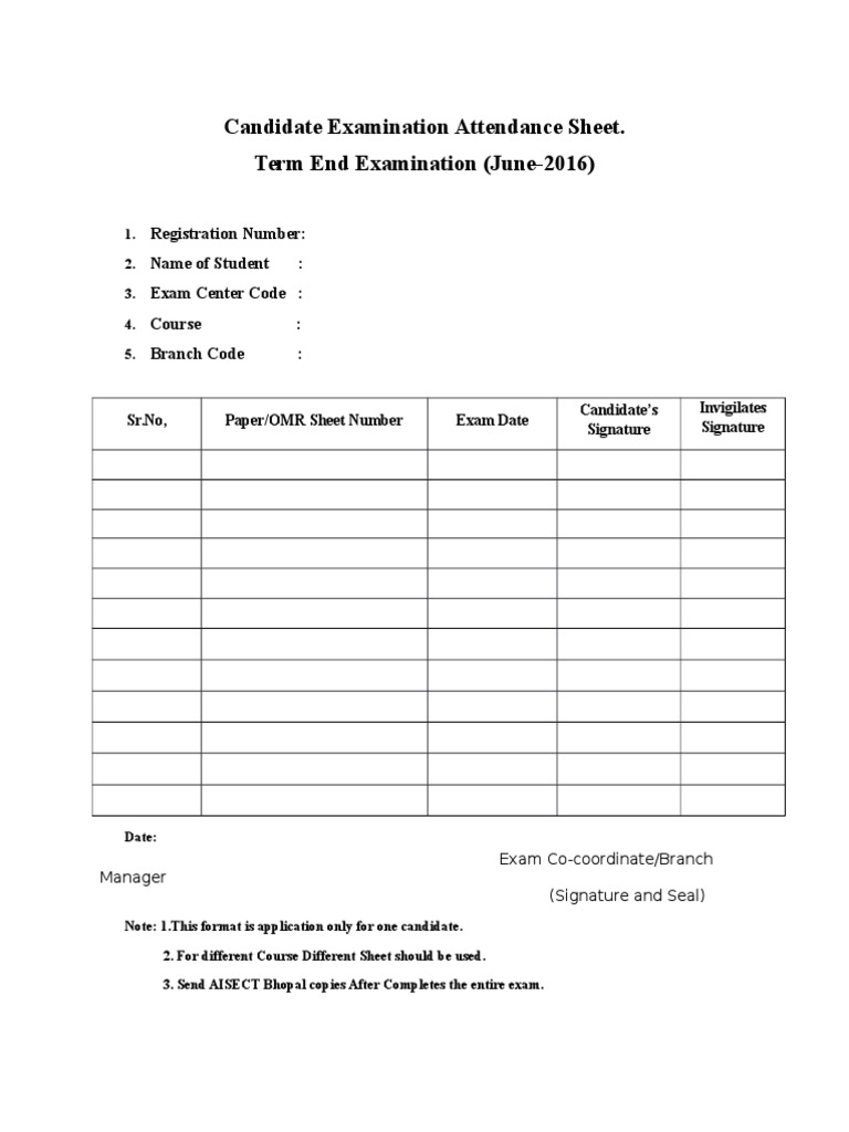 Candidate Exam Attendance Sheet Format | PDF | Test (Assessment ...