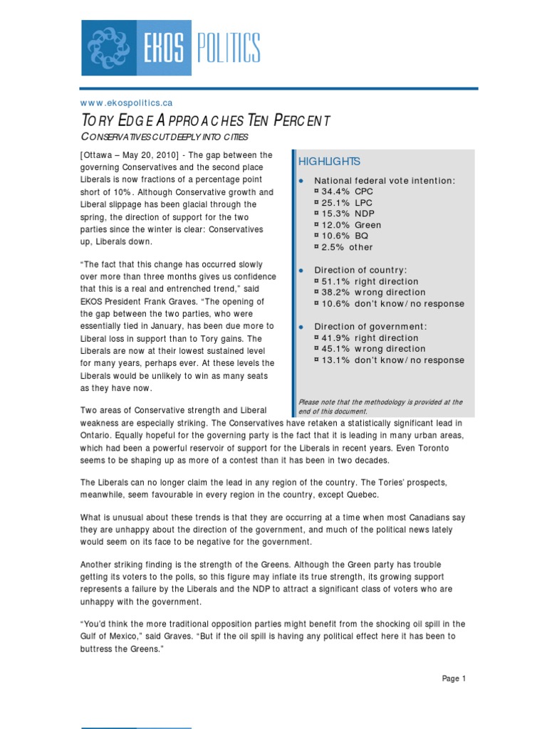 EKOS Poll - May 20, 2010 | PDF | Politics Of Canada | Elections