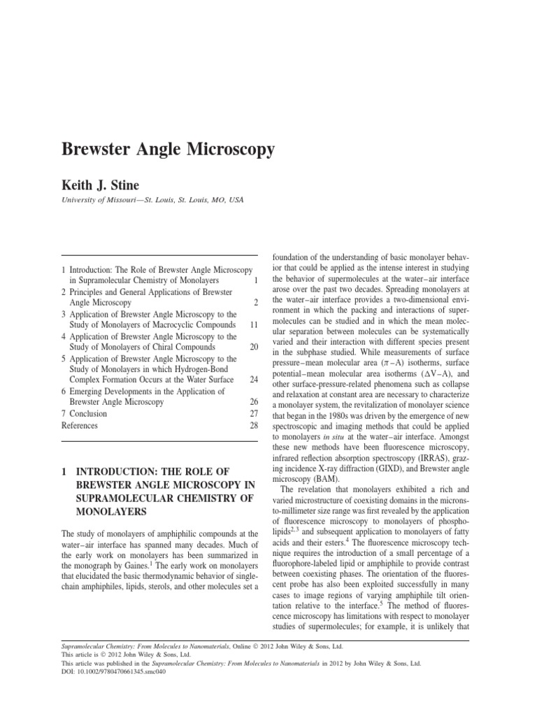 Brewster Angle Microscopy: Keith J. Stine | PDF | Liquid Crystal | Refractive Index