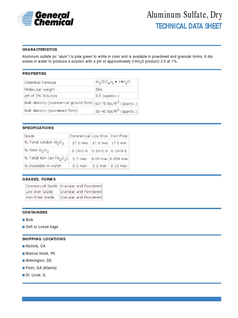 Aluminum Sulfate, Dry: Technical Data Sheet | PDF | Aluminium | Information