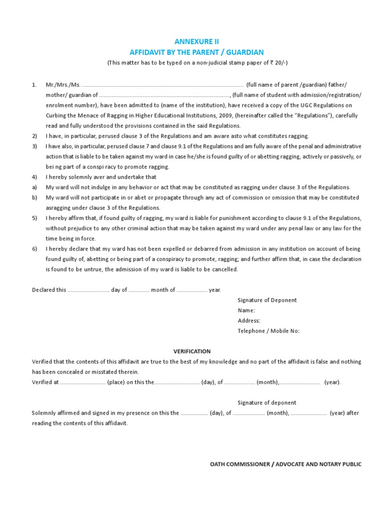 Annexure Ii Affidavit by The Parent / Guardian: Verification | PDF