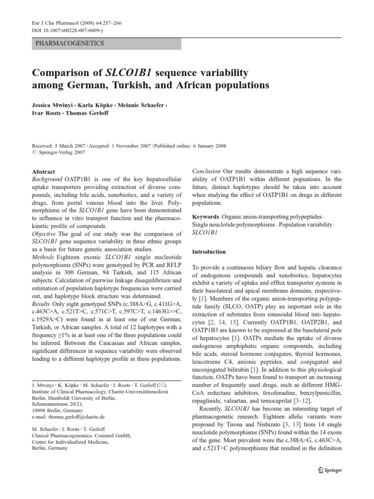 Comparison of SLCO1B1 Sequence Variability Among German | PDF | Single ...