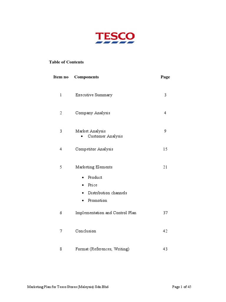 Marketing Plan For Tesco Stores (Malaysia) SDN BHD Page 1 of 45 | PDF ...