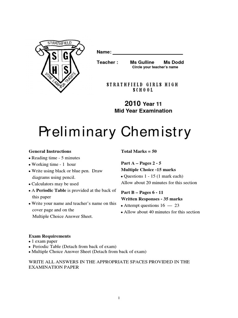Preliminary Chemistry: Name: Teacher: Ms Gulline Ms Dodd | PDF ...