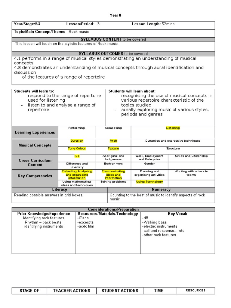 Year 8 Rock Music Lesson Plan | PDF | Educational Technology ...