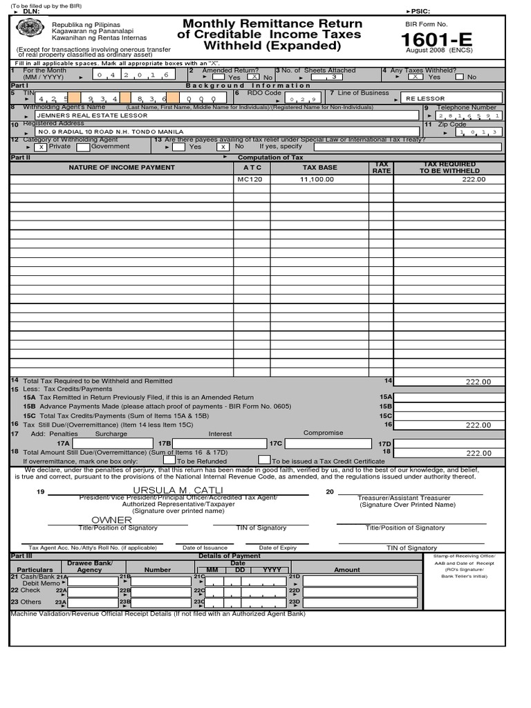 Monthly Remittance Return of Creditable Income Taxes Withheld (Expanded ...