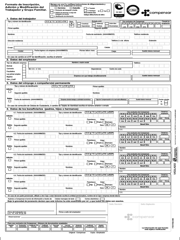 Formulario Afiliacion Compensar EPS | Descargar gratis PDF | Salario mínimo | Salario