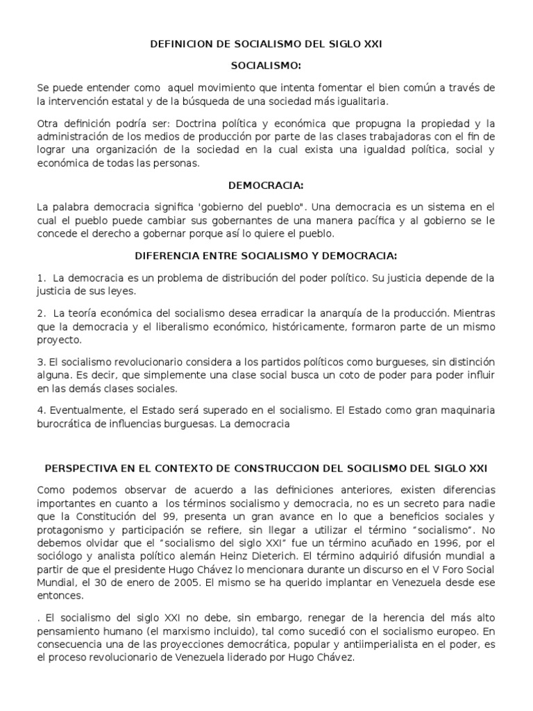 Definicion de Socialismo Del Siglo Xxi | PDF | Socialismo | Democracia