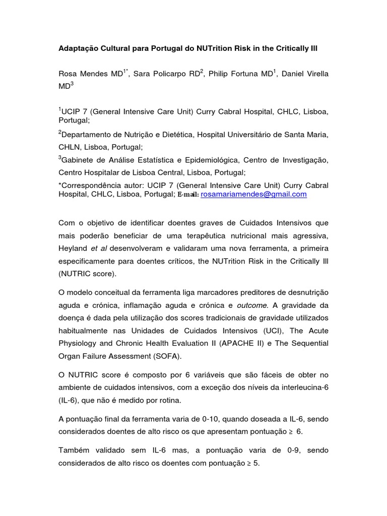 NUTRIC Score Portuguese Version | PDF | Remédio | Ciências da Saúde