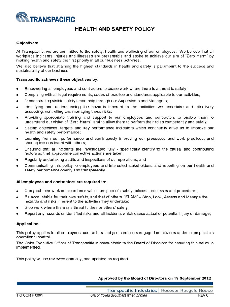 Transpacific Health and Safety Policy | PDF | Occupational Safety And ...