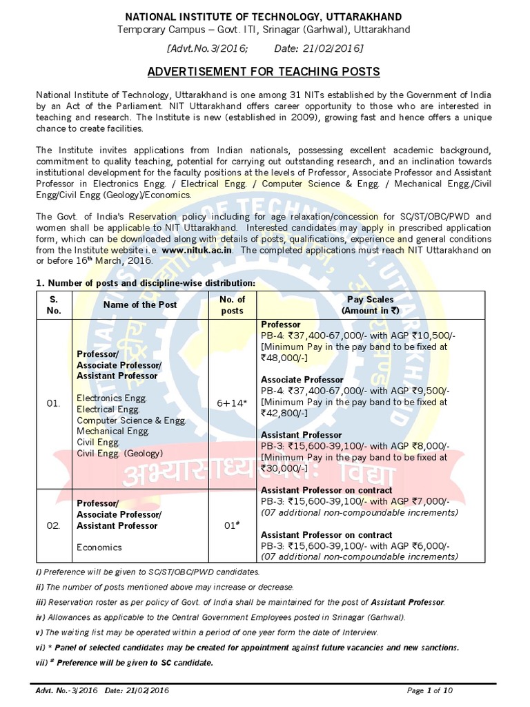 Advertisement For Teaching Posts - 2016 | PDF | Doctor Of Philosophy ...