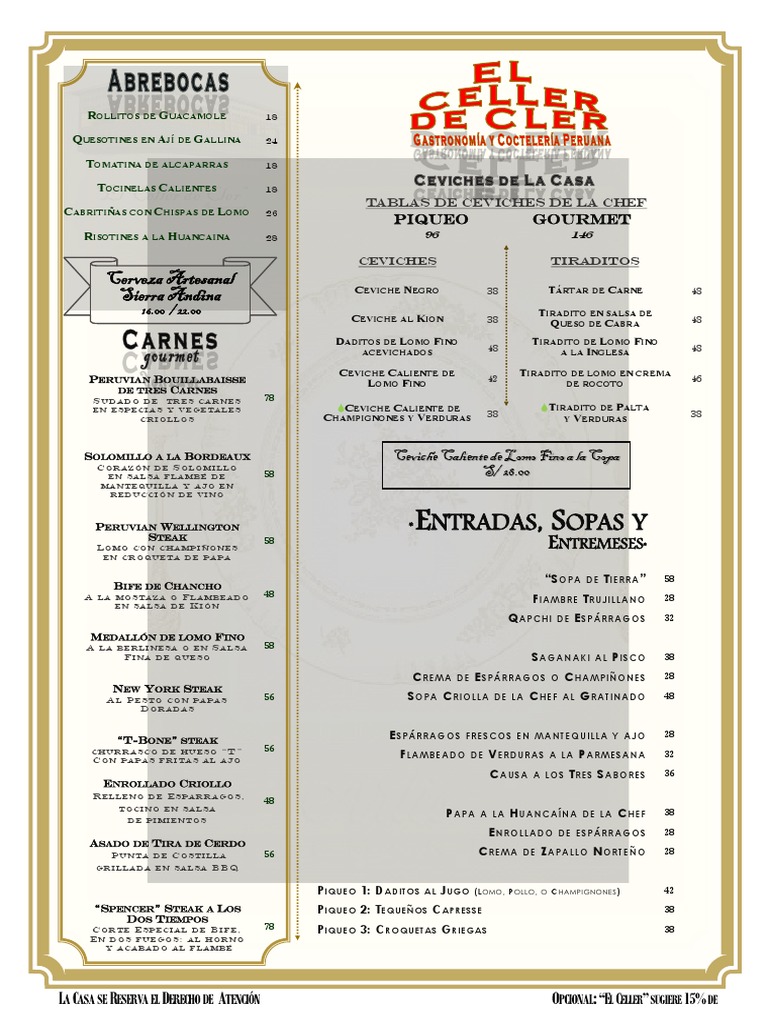 Menu 2016 El Celler de Cler Restaurante Trujillo, Peru | PDF ...