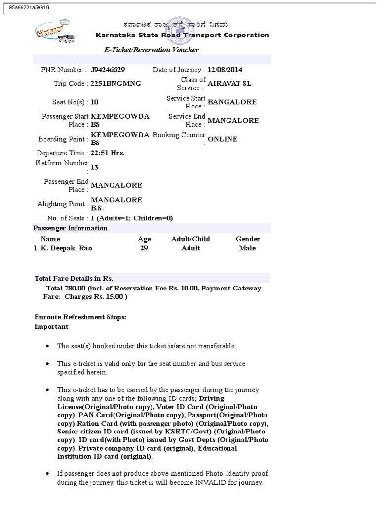 KSRTC E-Ticket Reservation Details | PDF
