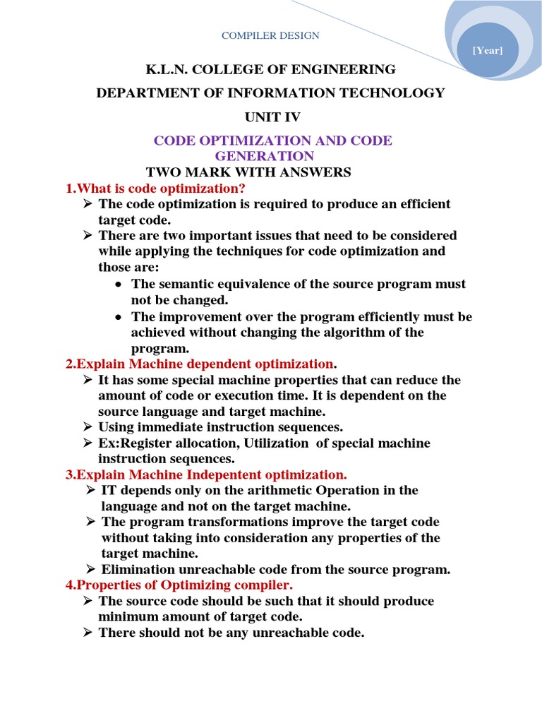 COMPILER DESIGN Unit 5 Two Mark With Answer | PDF | Program Optimization | Compiler