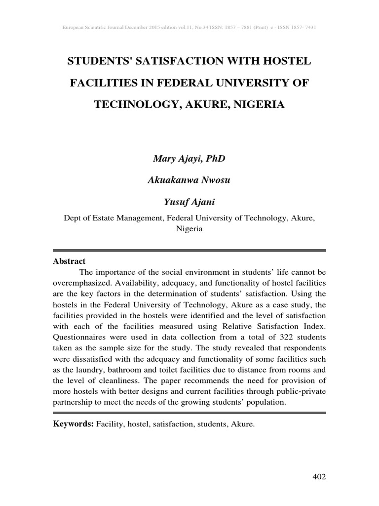 Students' Satisfaction With Hostel Facilities in Federal University of ...