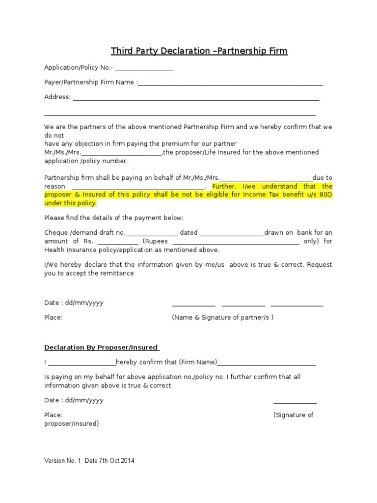 Third Party Declaration For Partnership Firm | PDF