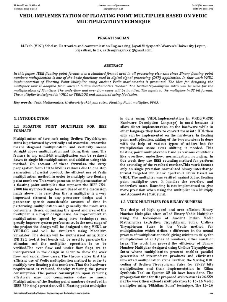 VHDL Implementation of Floating Point Multiplier Based On Vedic Multiplication Technique | PDF ...