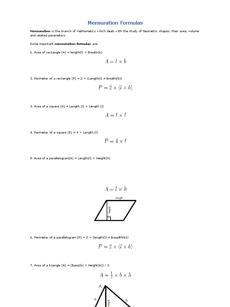 Mensuration Formulas | PDF | Area | Triangle