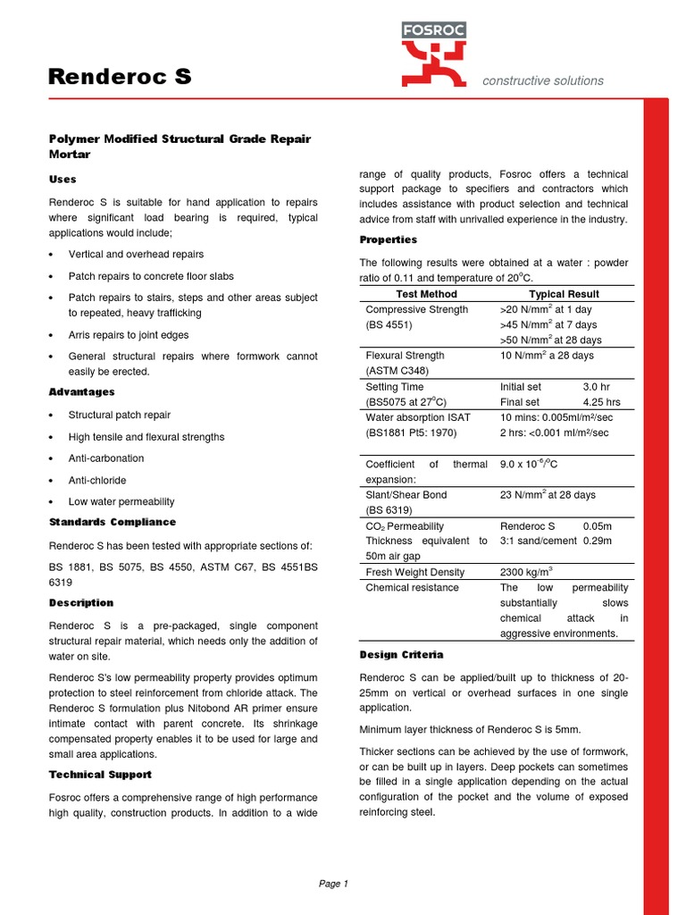 Renderoc S: Polymer Modified Structural Grade Repair Mortar | PDF ...