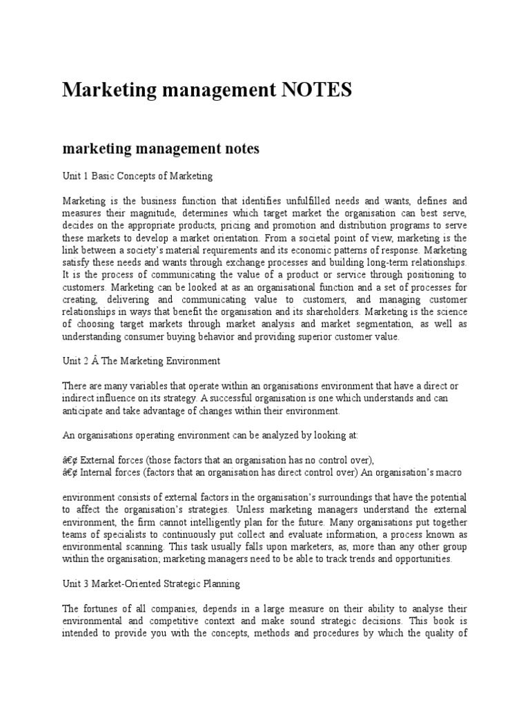 Marketing Management Notes Overview Pdf Consumer Behaviour Marketing