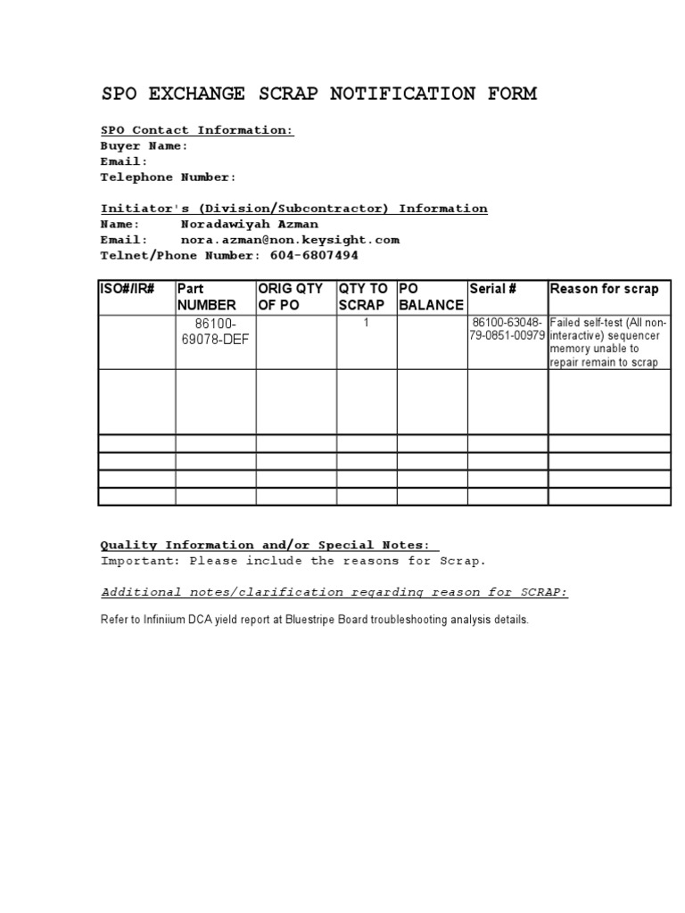 SPO Exchange Scrap Notification Form | PDF | Technology & Engineering