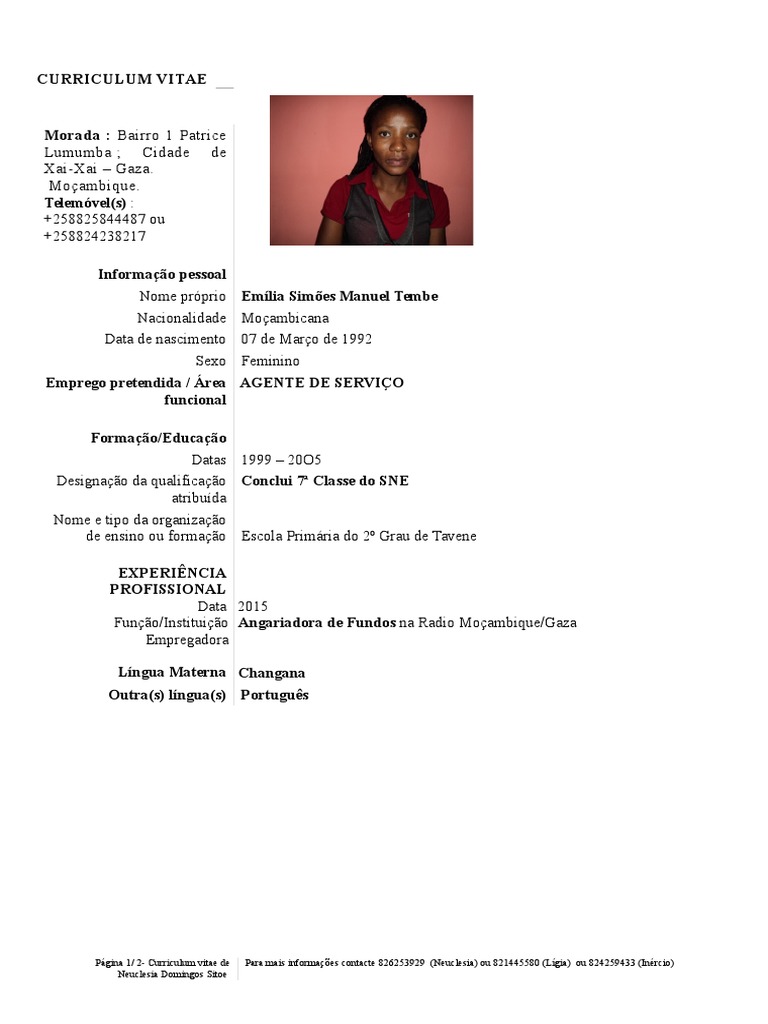 CV Emília Simões Manuel Tembe | PDF | Carreira e Crescimento | Ciências ...
