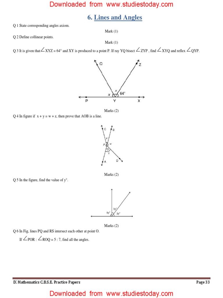 CBSE Class 9 Lines and Angles Assignment 4 | Angle | Line (Geometry)