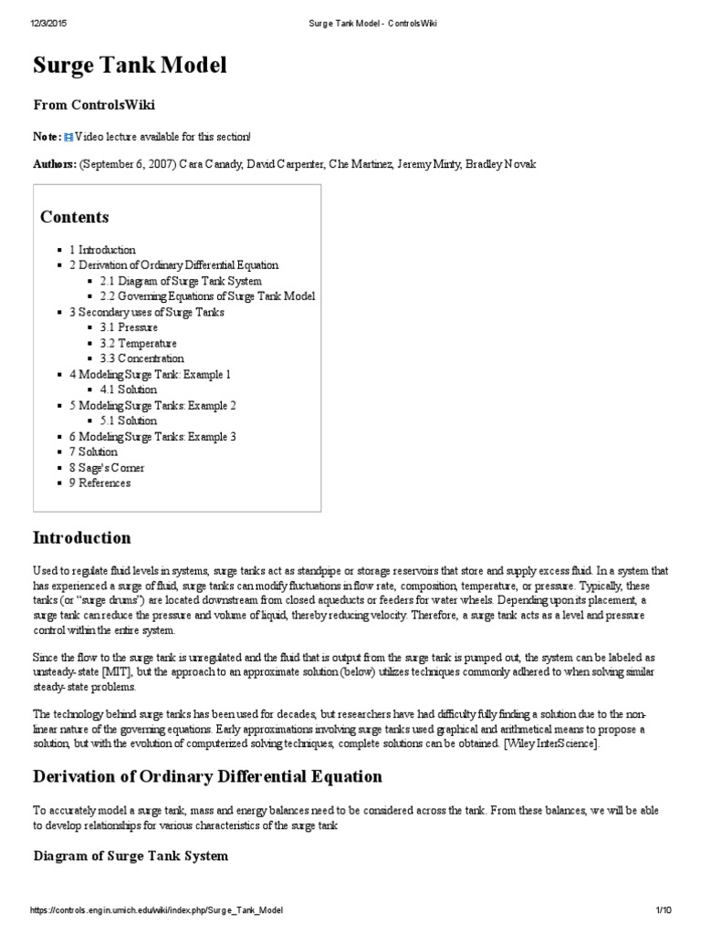 Surge Tank Model | PDF | Liquids | Equations