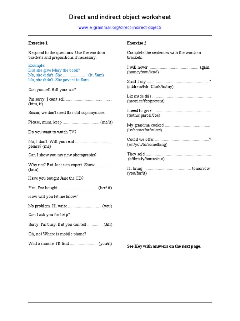 Direct and Indirect Object Worksheet | PDF