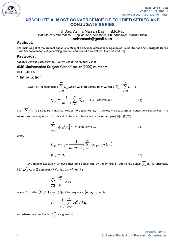 Absolute Almost Convergence Of Fourier Series And Conjugate Series Pdf Series Mathematics