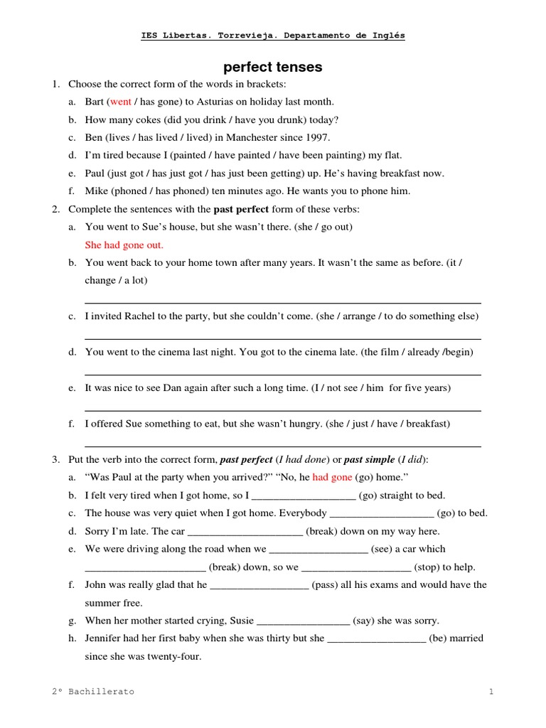 Perfect Tenses (Ejercicios de Presente Perfecto y Pasado Perfecto ...