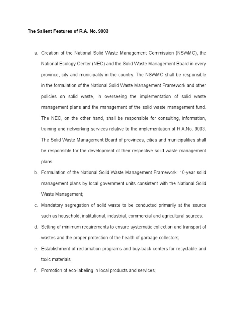 The Salient Features of R.A. 9003 | Municipal Solid Waste | Waste ... The Salient Features of R.A. 9003 | Municipal Solid Waste | Waste ...