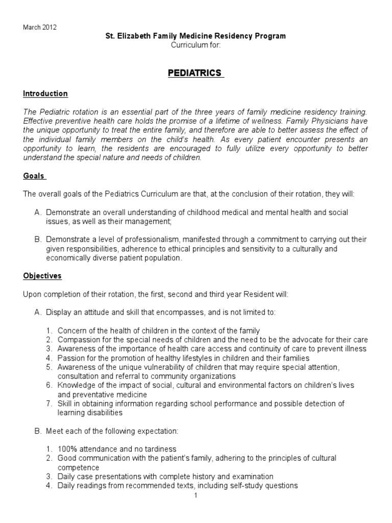 Pediatrics: St. Elizabeth Family Medicine Residency Program | PDF ...