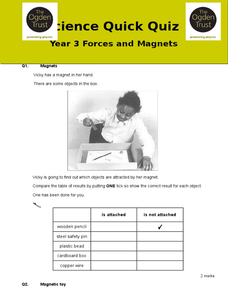 Quick Quiz - Y3 - Forces and Magnets | PDF | Magnet | Friction
