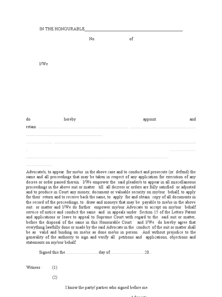 0062 0153 - English Vakalath Form | PDF | Advocate | Lawsuit
