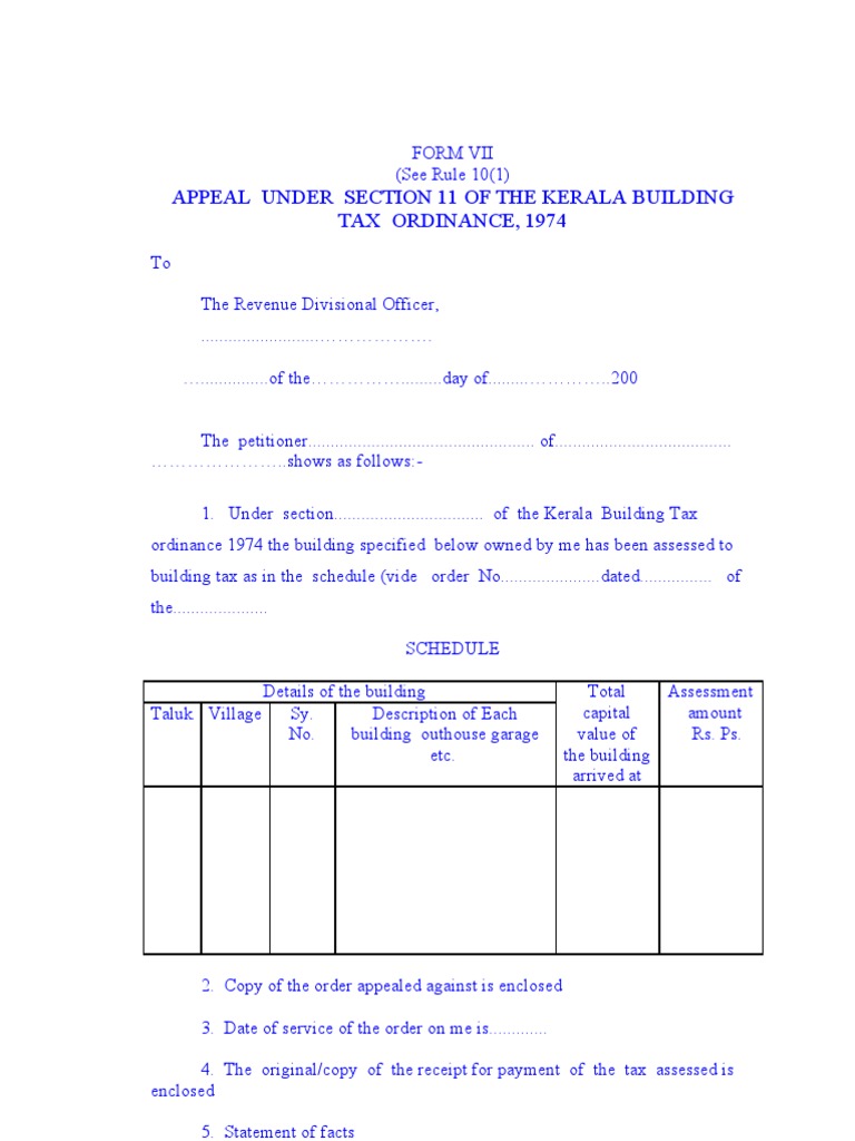 Kerala Building Tax Appeal Form VII | PDF