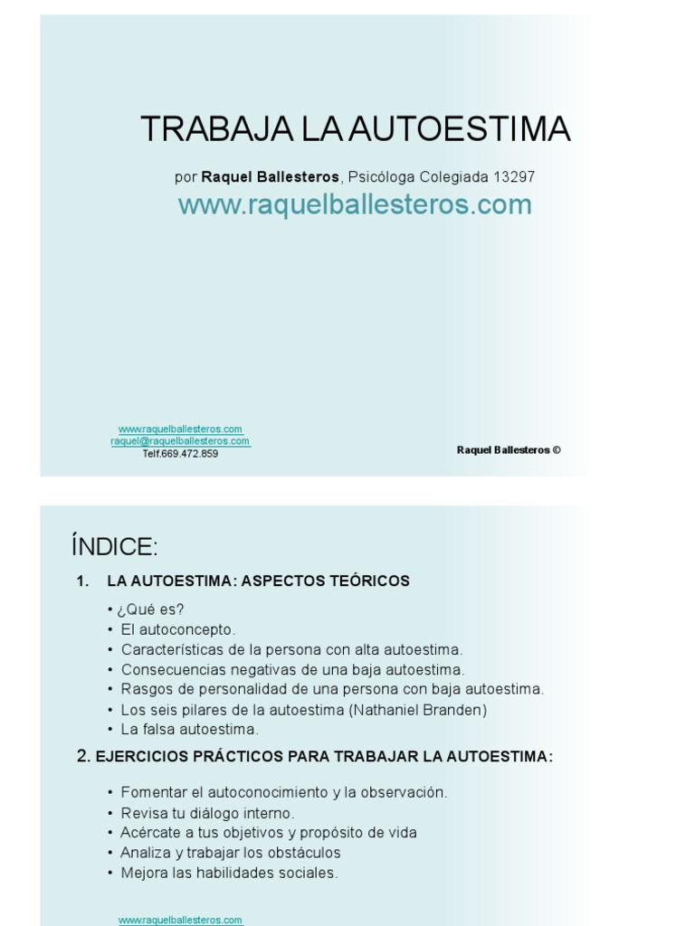 Trabajar Autoestima Ejercicios Practicos | PDF | Autoestima | Toma de ...