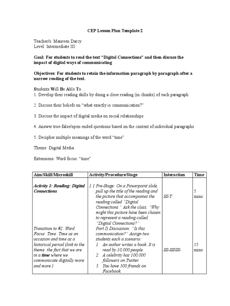 CEP Lesson Plan 2 | PDF | Lesson Plan | Question
