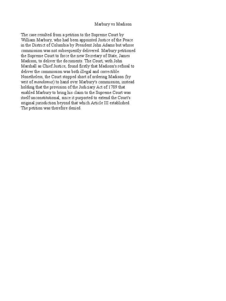 Marbury v. Madison Case Summary | PDF | Marbury V. Madison | Supreme Courts
