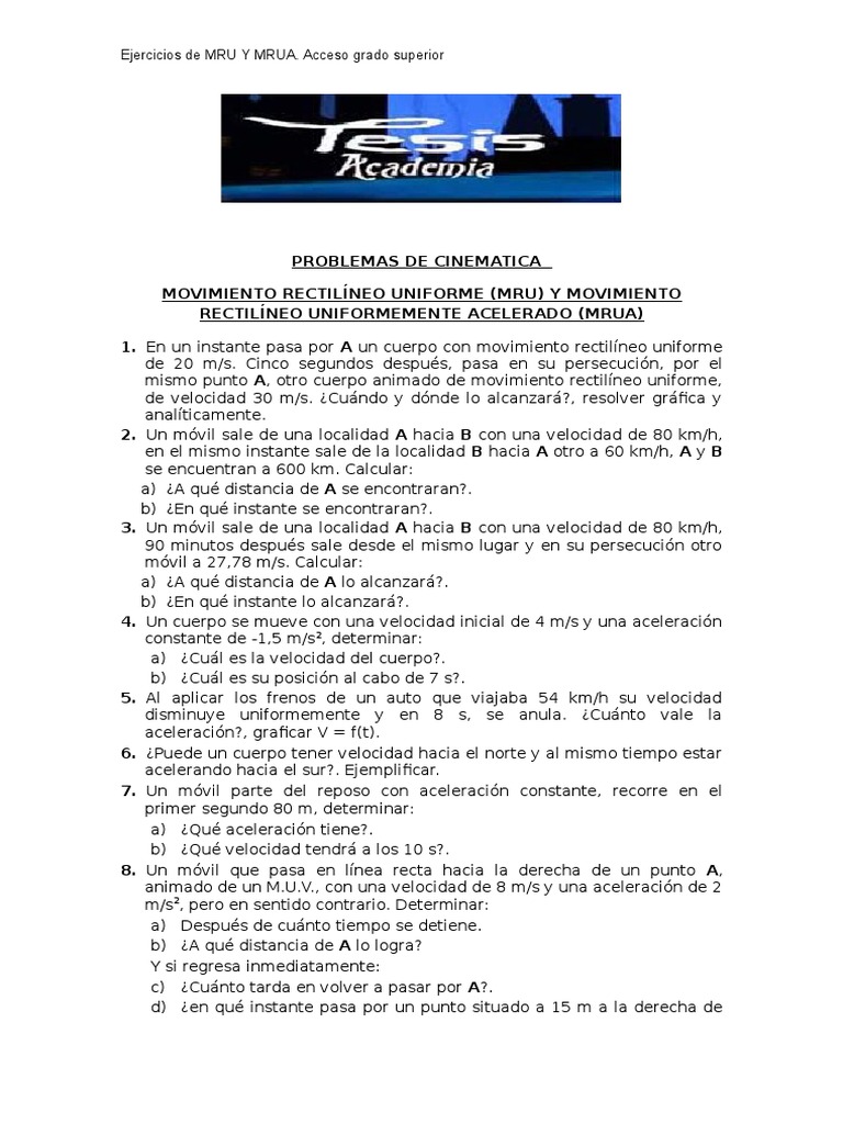 Ejercicios de MRU y MRUA | PDF | Movimiento (física) | Velocidad