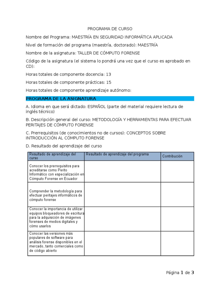 Syllabus Taller de Cómputo Forense | PDF | Informática forense | Programa de computadora