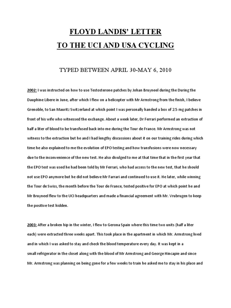 Floyd Landis Letter of Confession | PDF | Cycle Racing | Uci World Tour