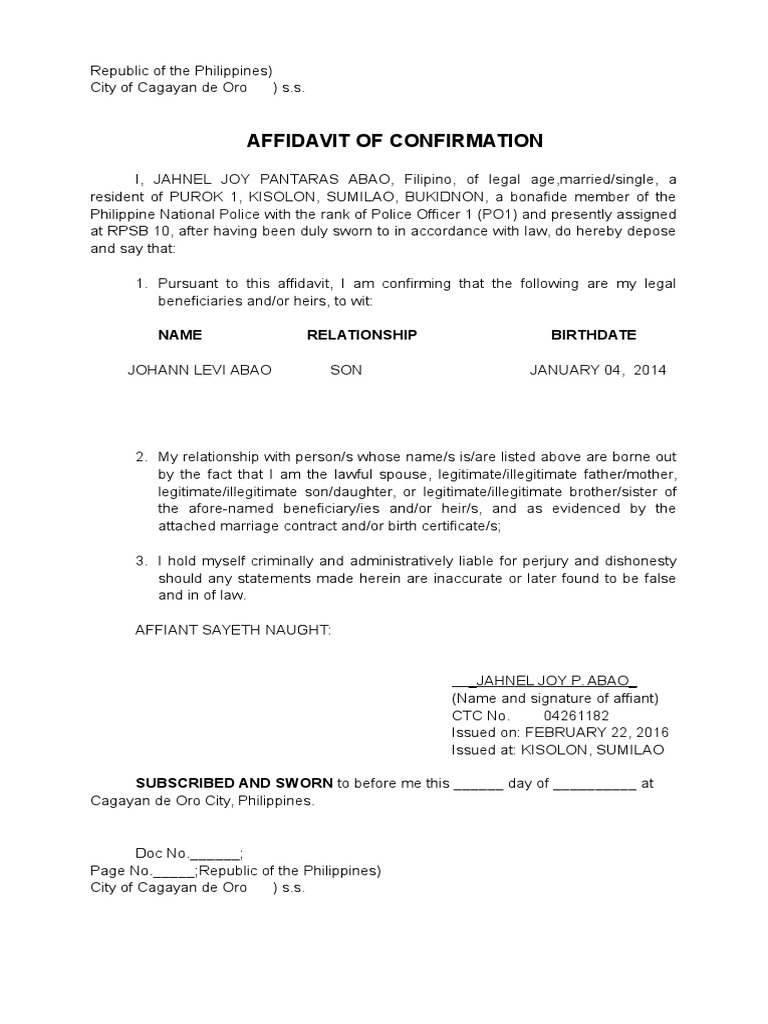 Affidavit of Confirmation-Blank | PDF