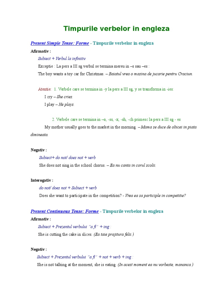 Timpurile Verbelor in Engleza