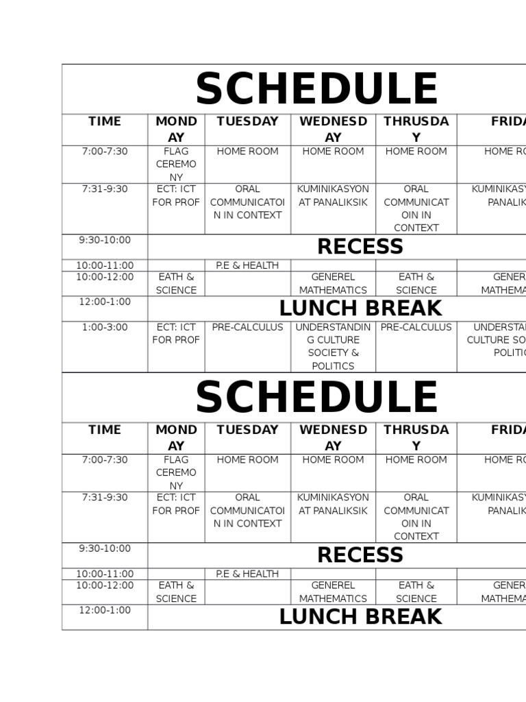 Schedule: Recess Lunch Break | PDF | Social Science | Science & Mathematics