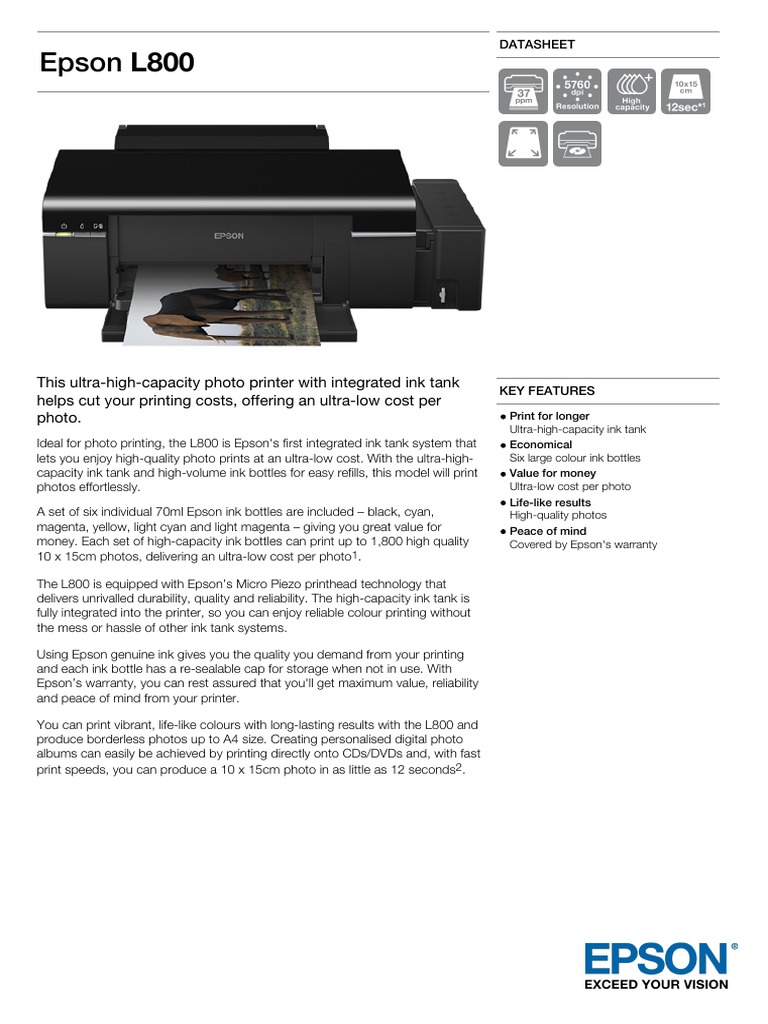 Epson L800 Datasheet | PDF | Office Equipment | Graphic Design