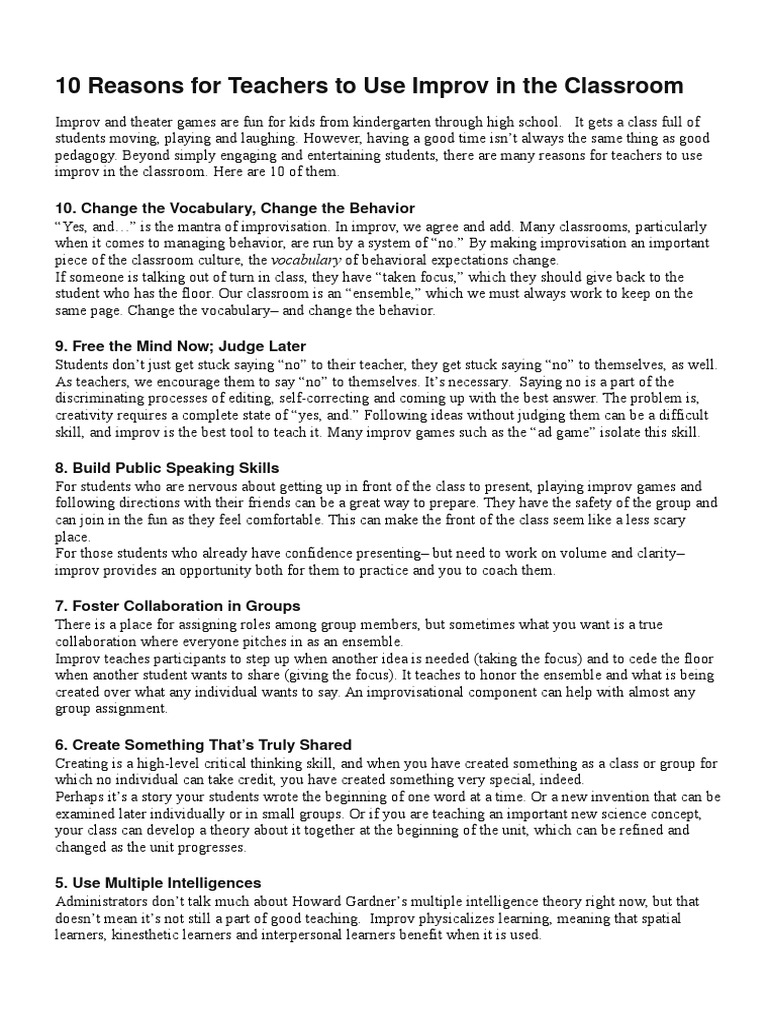 10 Reasons For Teachers To Use Improv in The Classroom by JEFF SEVENER ...