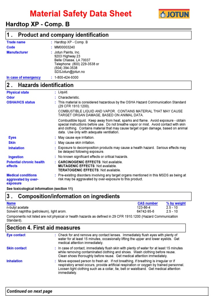 SDS - Hardtop XP Comp B | Dangerous Goods | Safety